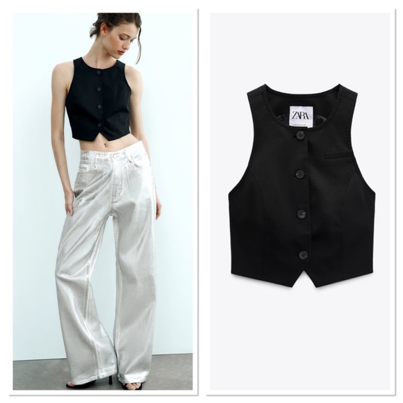 Zara | Tops | Zara Black Cropped Front Button Vest With Round Neckline ...